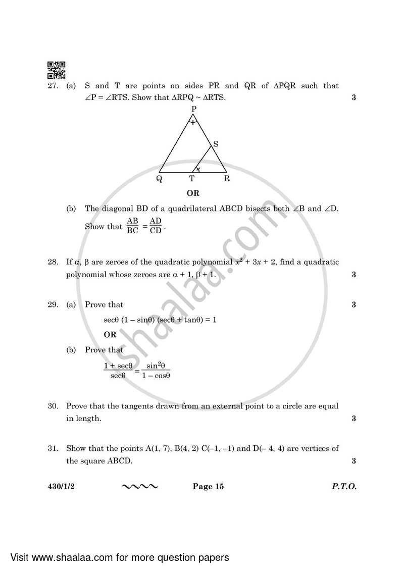 Mathematics 2022-2023 English Medium Class 10 Basic - 430/1/2 question paper with PDF download ...