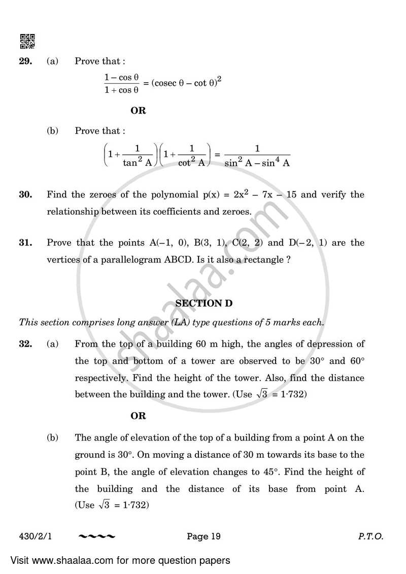 Mathematics 2022-2023 English Medium Class 10 Basic - 430/2/1 question paper with PDF download ...
