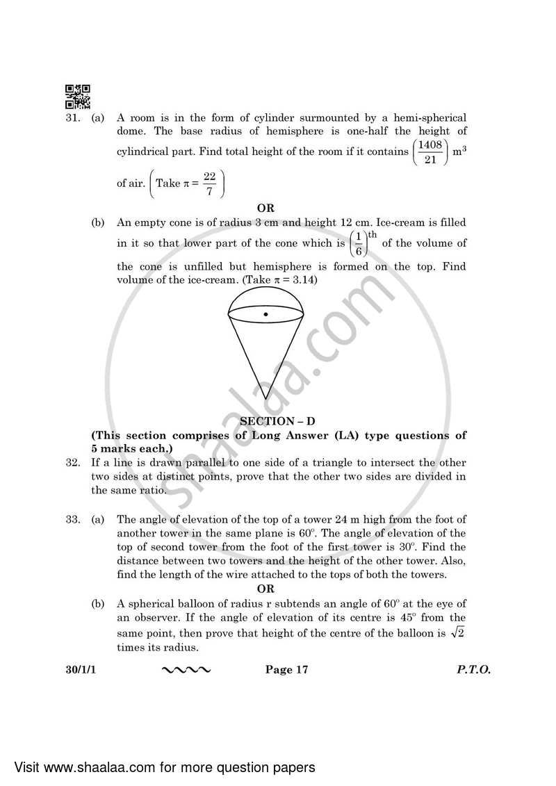 Mathematics 2022-2023 English Medium Class 10 Standard - 30/1/1 question paper with PDF download ...