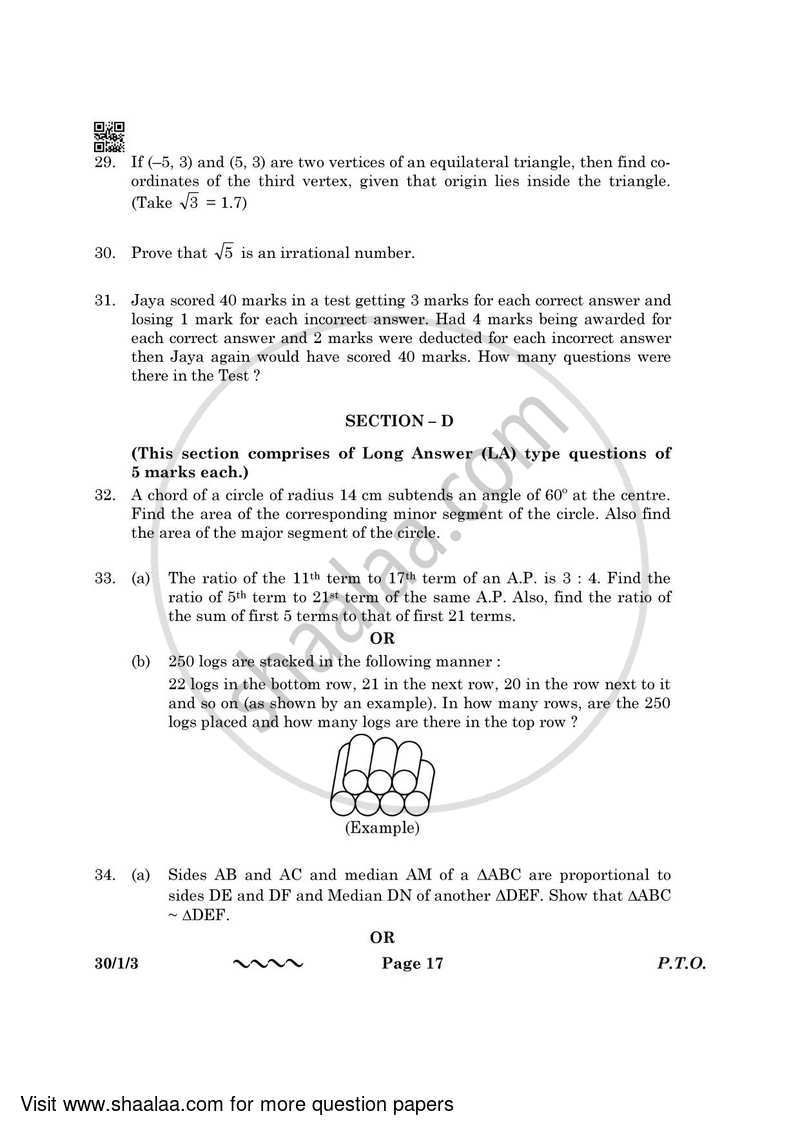Mathematics 2022-2023 English Medium Class 10 Standard - 30/1/3 question paper with PDF download ...