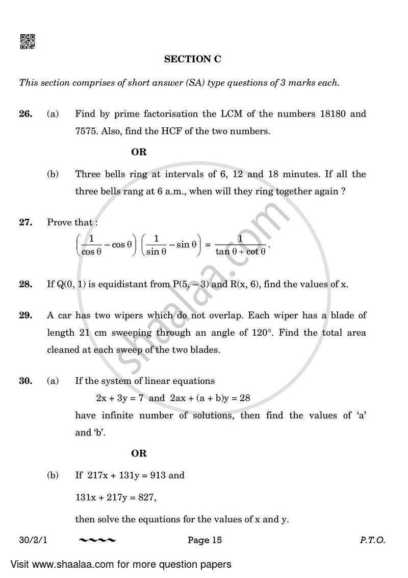 Mathematics 2022-2023 English Medium Class 10 Standard - 30/2/1 question paper with PDF download ...