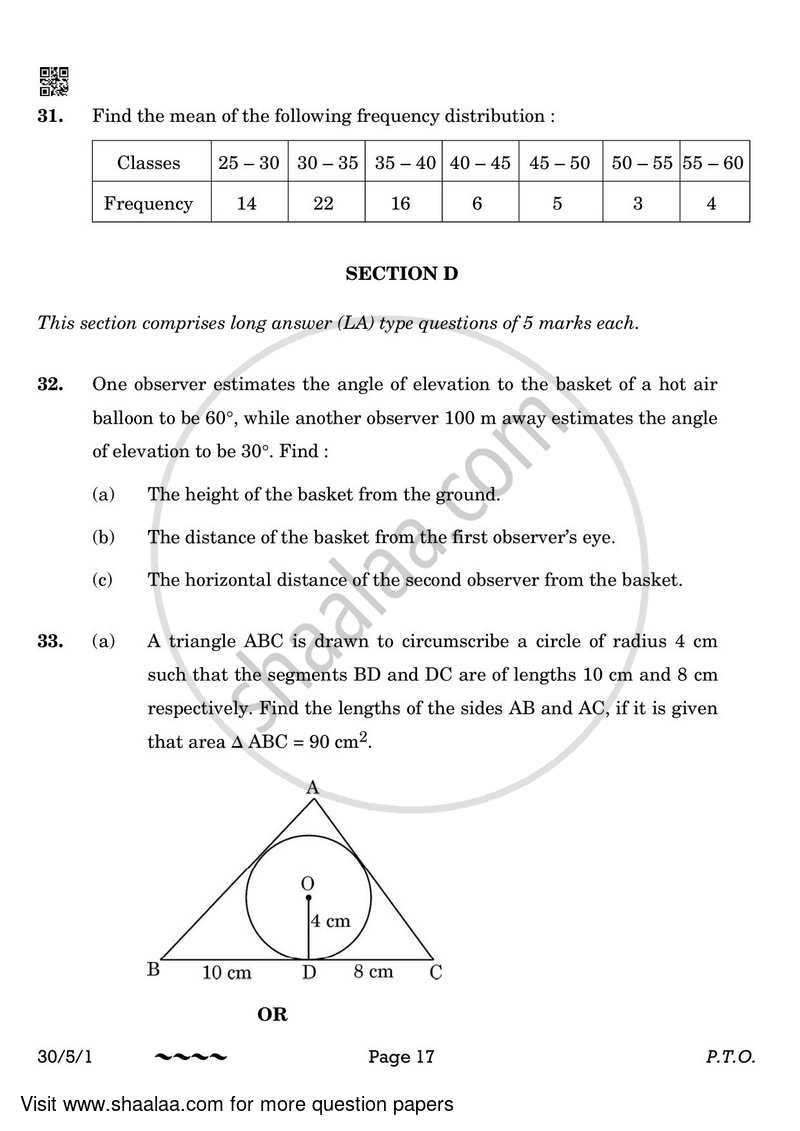 Mathematics 2022-2023 English Medium Class 10 Standard - 30/5/1 question paper with PDF download ...