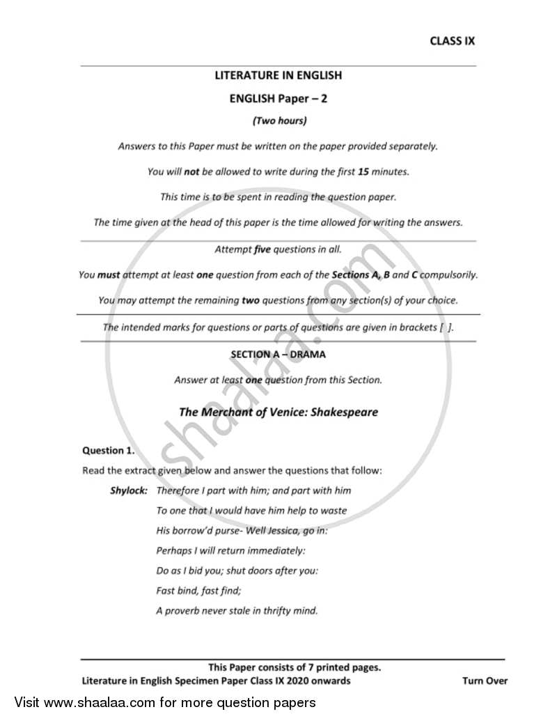 English 2 Literature In English 2019 2020 ICSE Class 9 Set 1 English 2 Literature In English 2019 2020 ICSE Class 9 Set 1