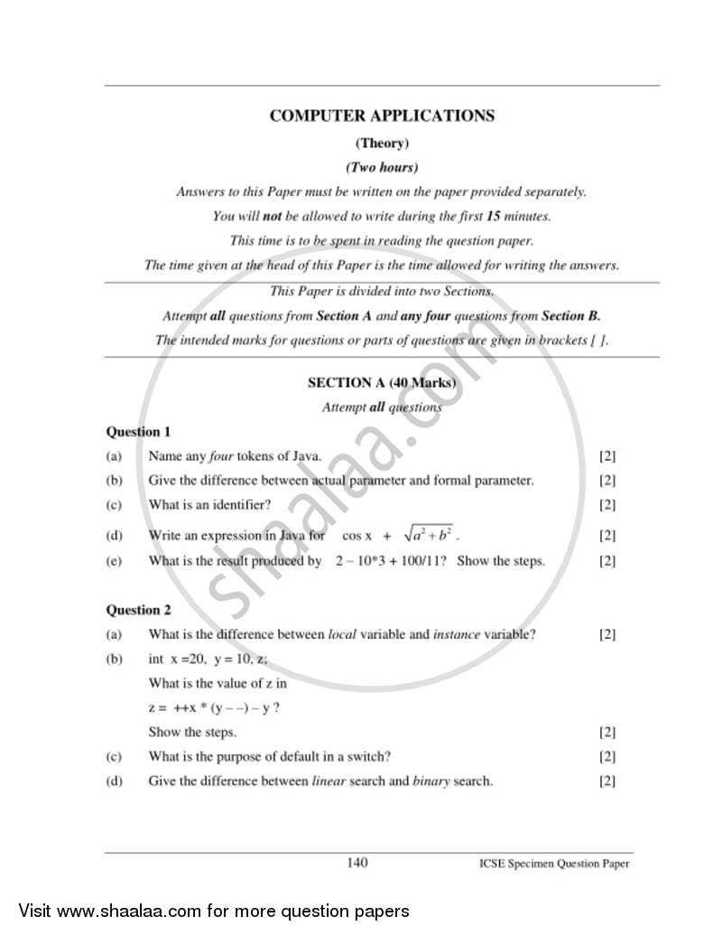 Computer Applications 2016 2017 ICSE Class 10 Set 1 Specimen Question Computer Applications 2016 2017 ICSE Class 10 Set 1 Specimen Question