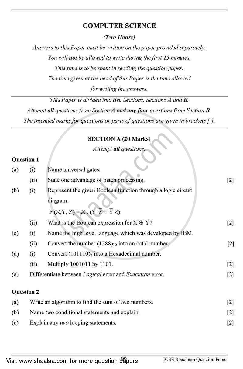 Computer Science 2012 2013 ICSE Class 10 Question Paper With PDF Computer Science 2012 2013 ICSE Class 10 Question Paper With PDF