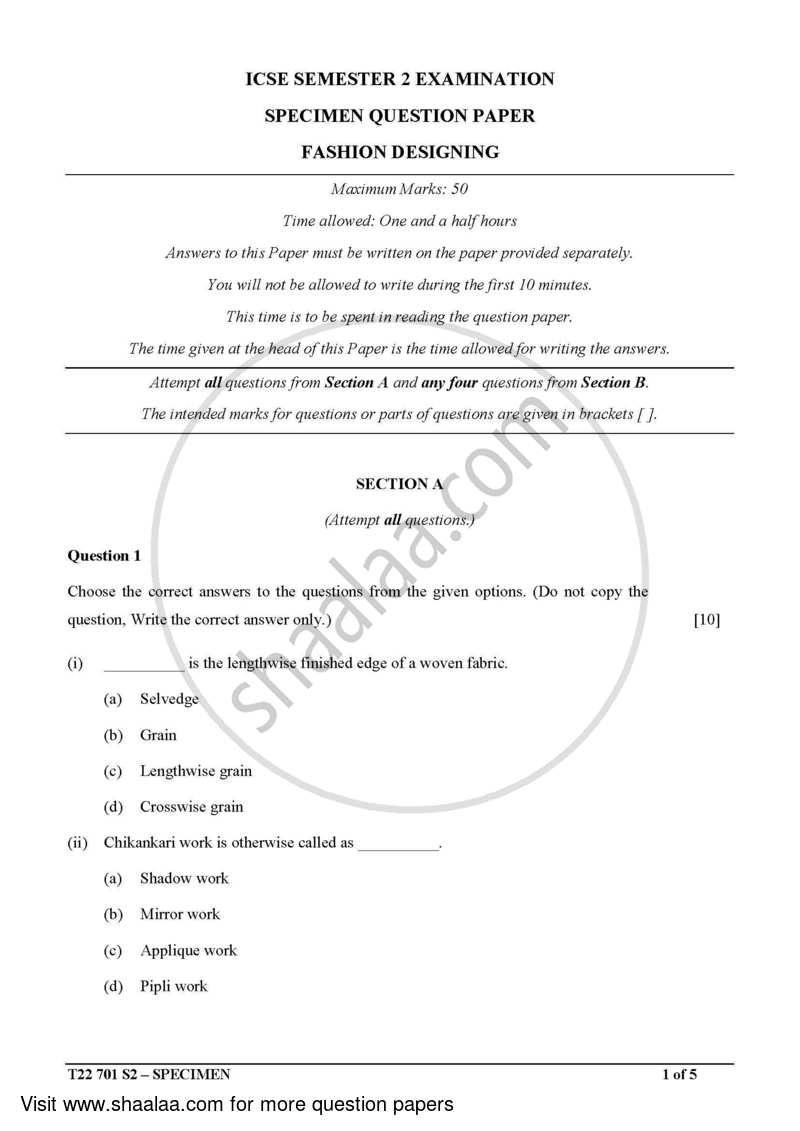 Fashion Designing 2021-2022 (English Medium) ICSE Class 10 question ...