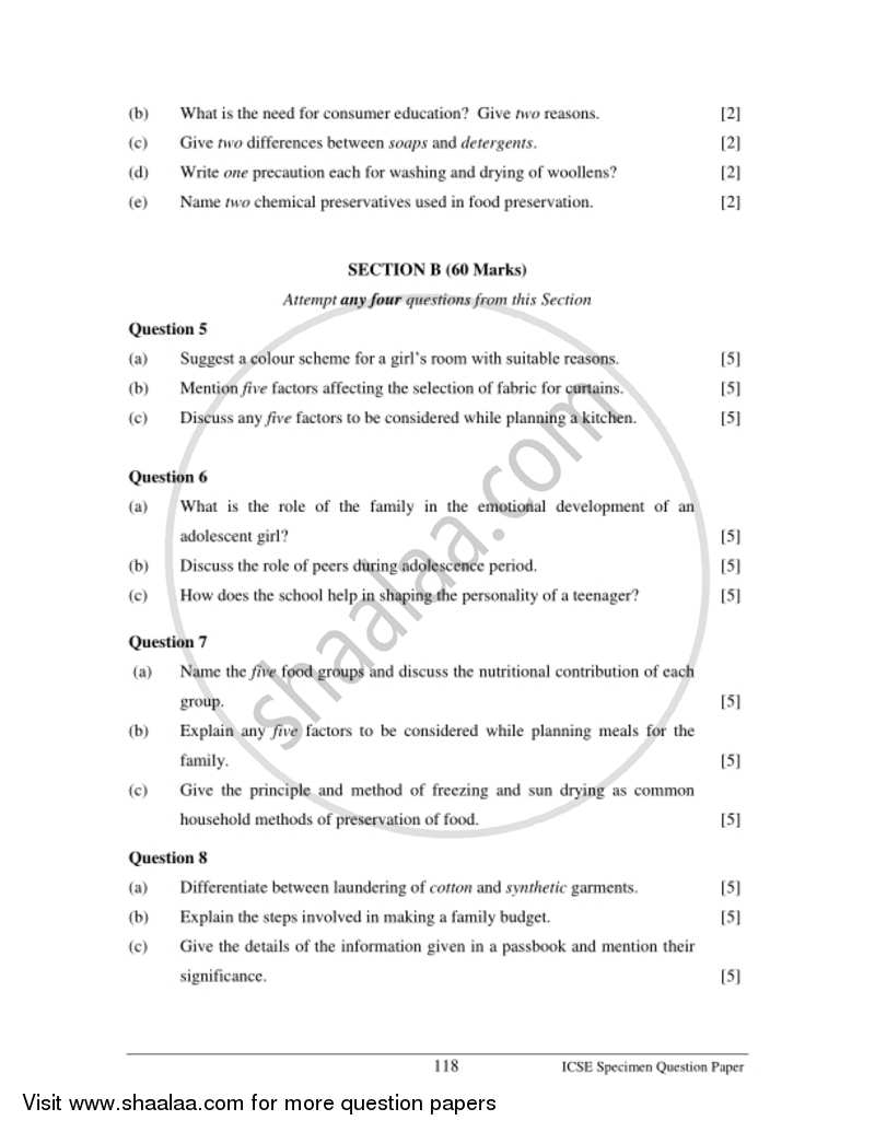 Home Science 2016 2017 English Medium ICSE Class 10 Set 1 Specimen