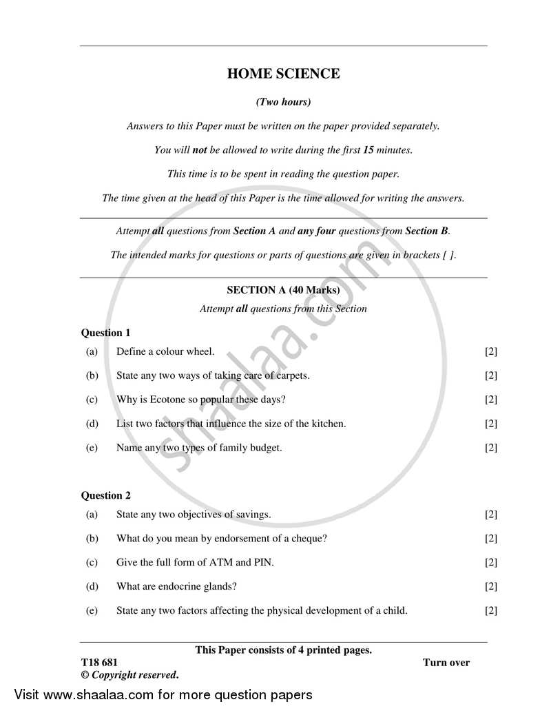 Home Science 2017-2018 (English Medium) ICSE Class 10 Set 1 question ...