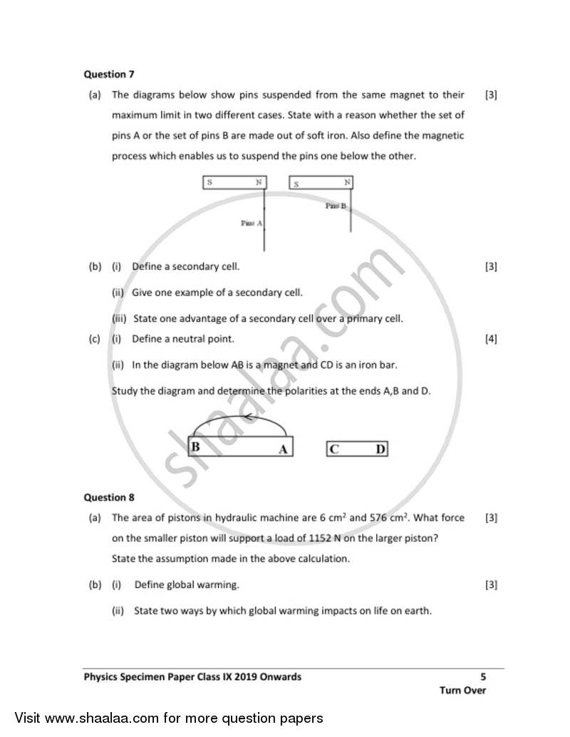 Physics 2018-2019 (English Medium) ICSE Class 9 Set 1 (Specimen ...