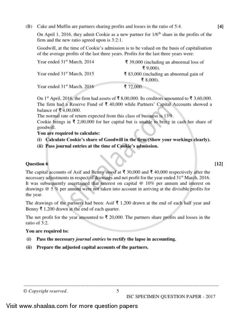 Accounts 2016-2017 (Science) ISC Class 12 Set 1 question paper with PDF ...