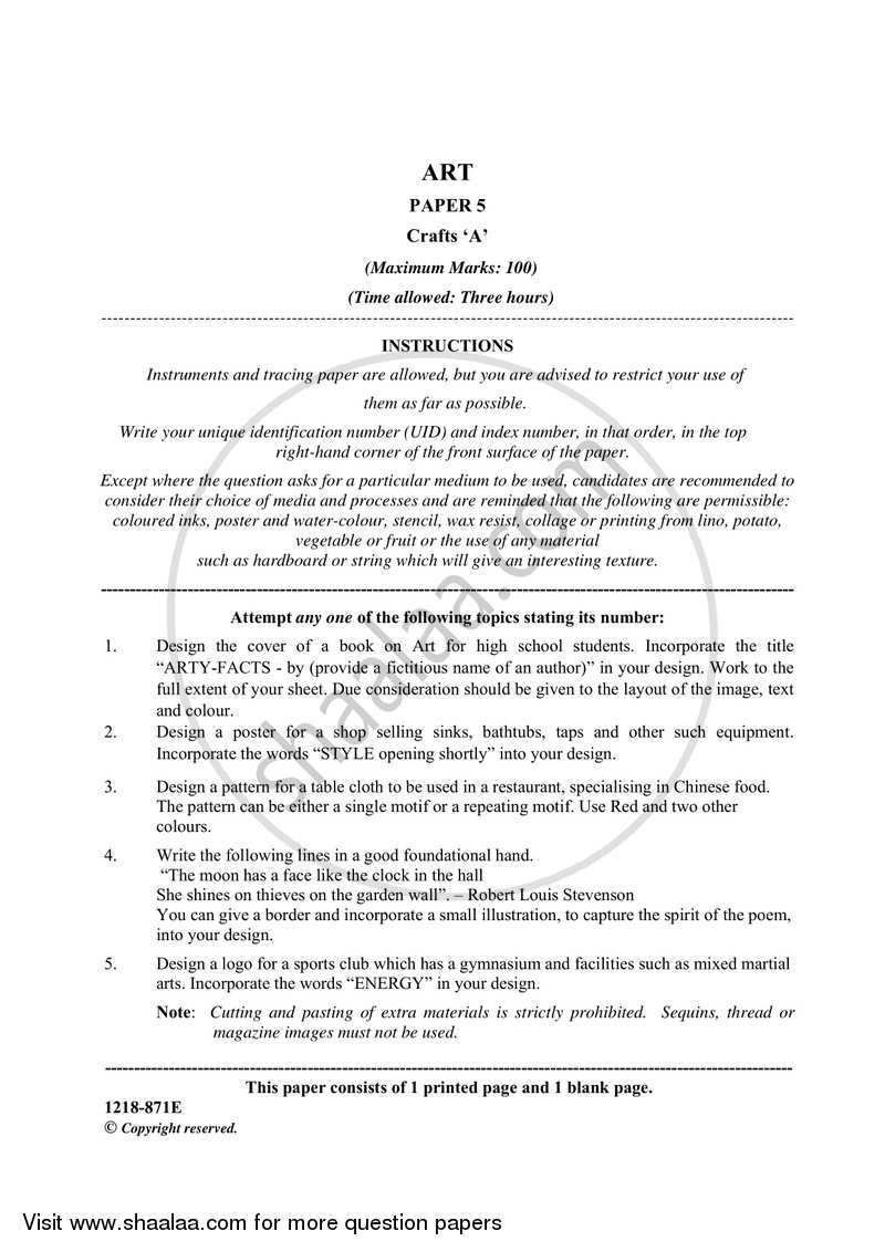 Art Paper 5 - Crafts ‘A’ 2017-2018 (Science) ISC Class 12 Set 1 ...