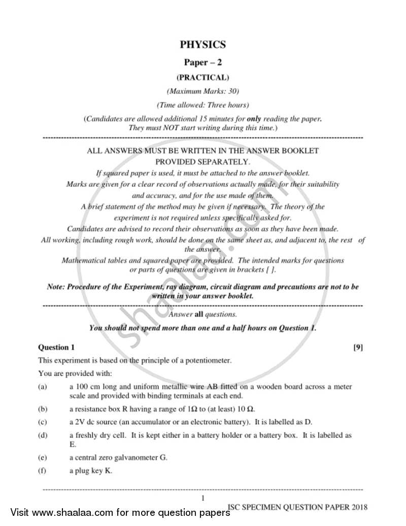 Physics (Practical) 2017-2018 (Science) ISC Class 12 Set 1 question ...