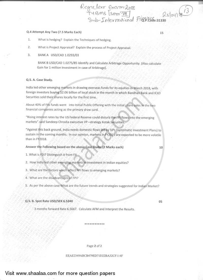 International Finance 2017-2018 Bachelor of Management Studies (BMS) Semester 6 question paper ...