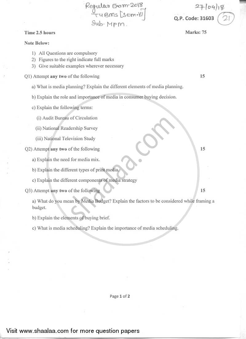 Media Planning and Management 2017-2018 Bachelor of Management Studies (BMS) Semester 6 question ...