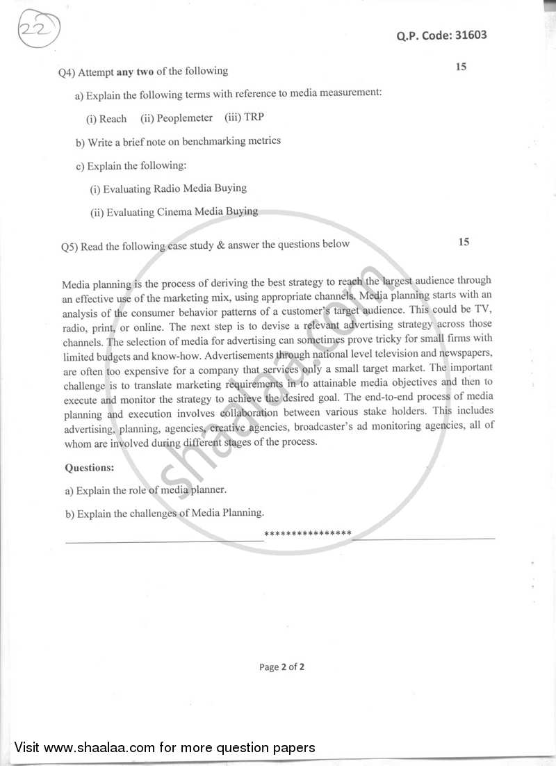 Media Planning and Management 2017-2018 Bachelor of Management Studies (BMS) Semester 6 question ...