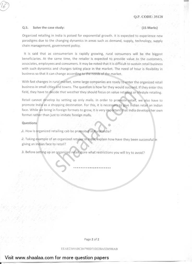 Retail Management 2017-2018 Bachelor of Management Studies (BMS) Semester 6 question paper with ...