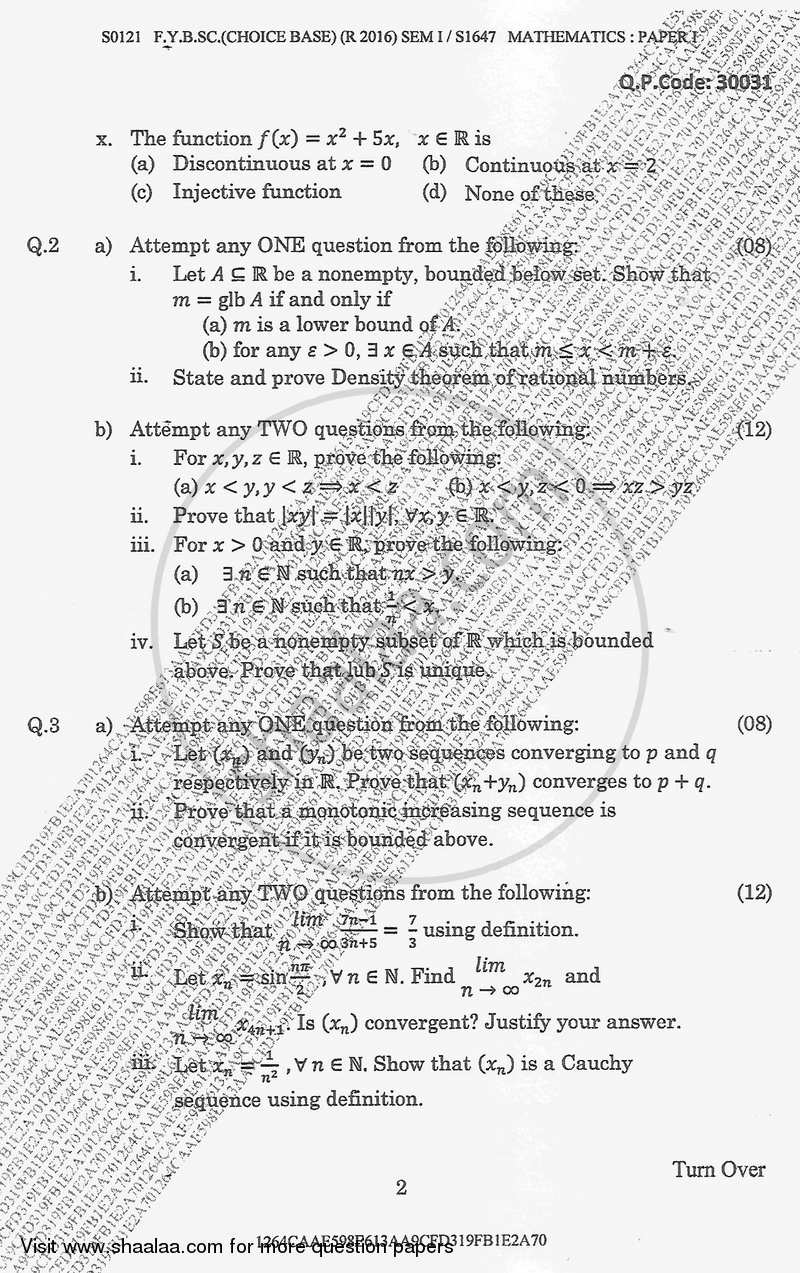 Calculus 1 2017-2018 B.Sc Mathematics Semester 1 (FYBSc) question paper ...