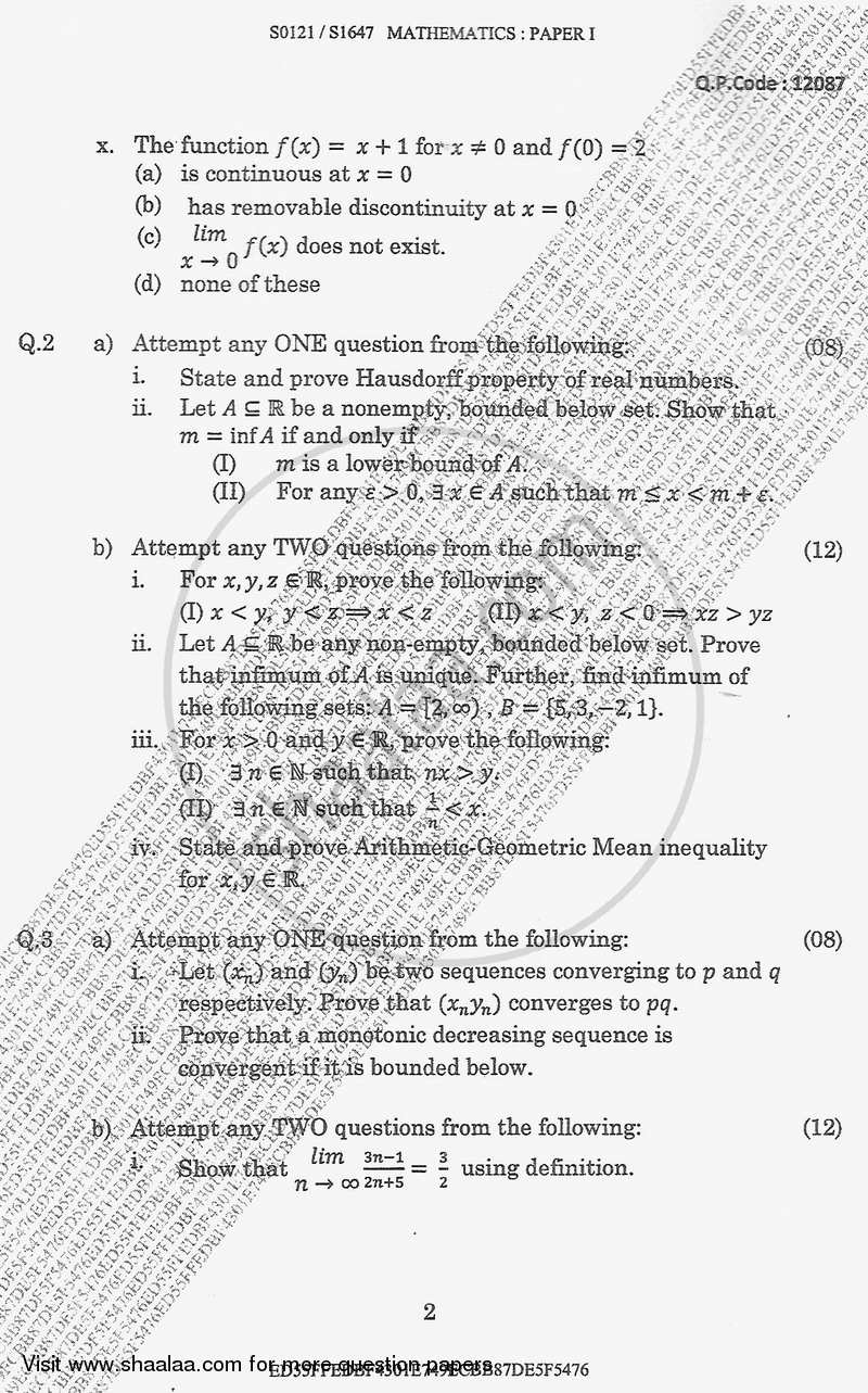 Calculus 1 2017-2018 B.Sc Mathematics Semester 1 (FYBSc) question paper ...
