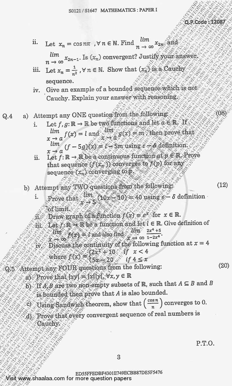 Calculus 1 2017-2018 B.Sc Mathematics Semester 1 (FYBSc) question paper ...