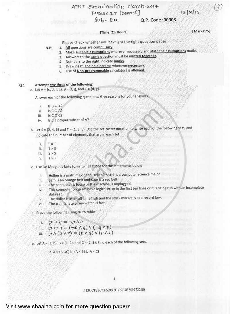 Discrete Mathematics 2016-2017 B.Sc IT (Information Technology) Semester 1 (FYBSc I.T) question ...