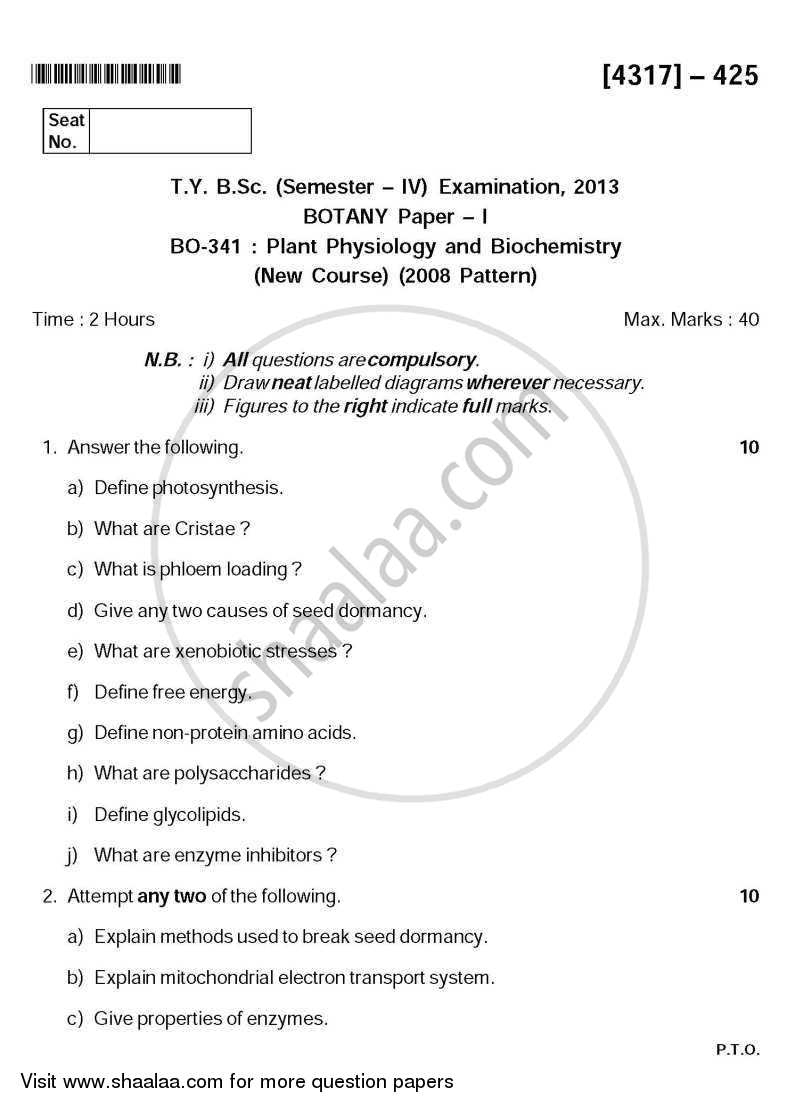 Plant Physiology And Biochemistry 2013 2014 B Sc Botany Semester 6 