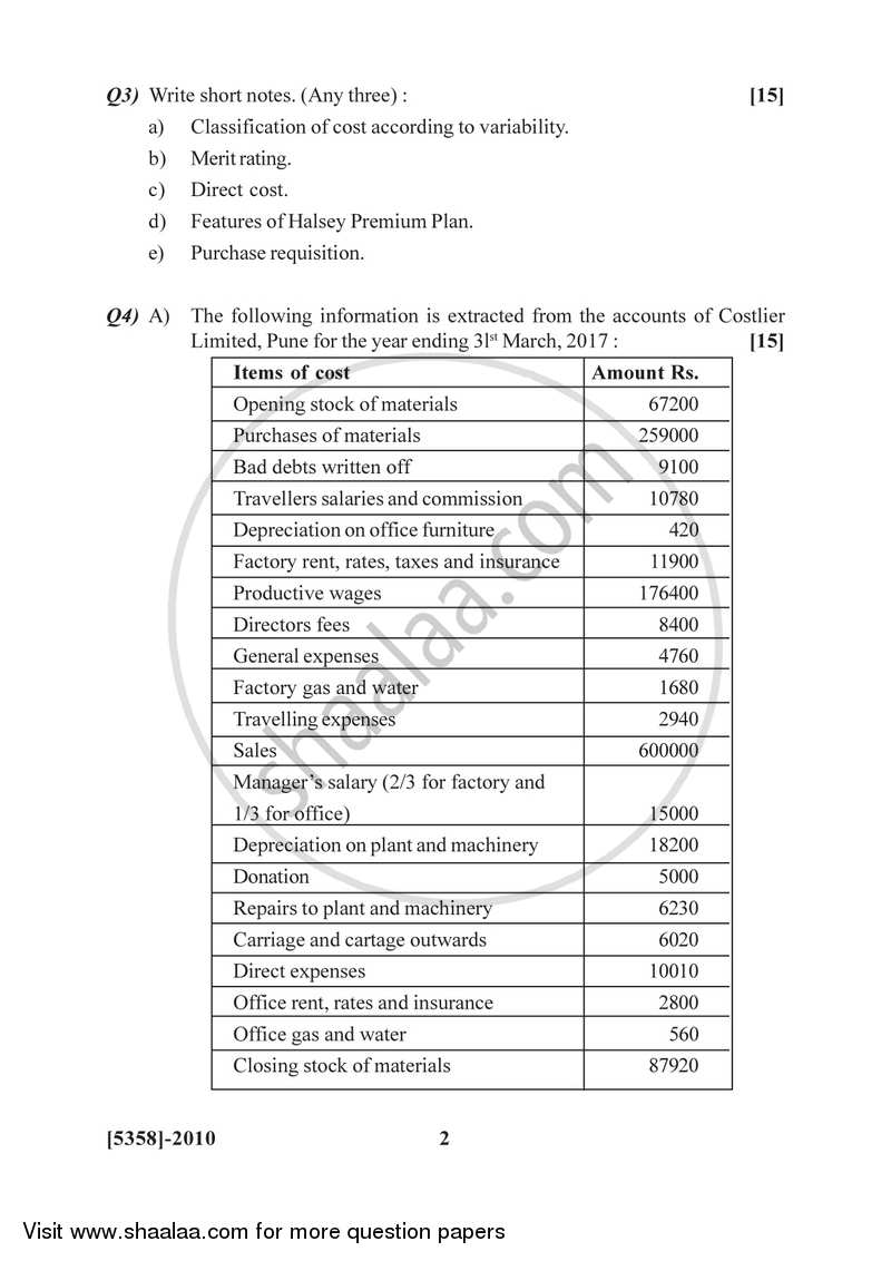 Cost And Works Accounting 1 2017 2018 Bachelor Of Commerce B Com 2nd