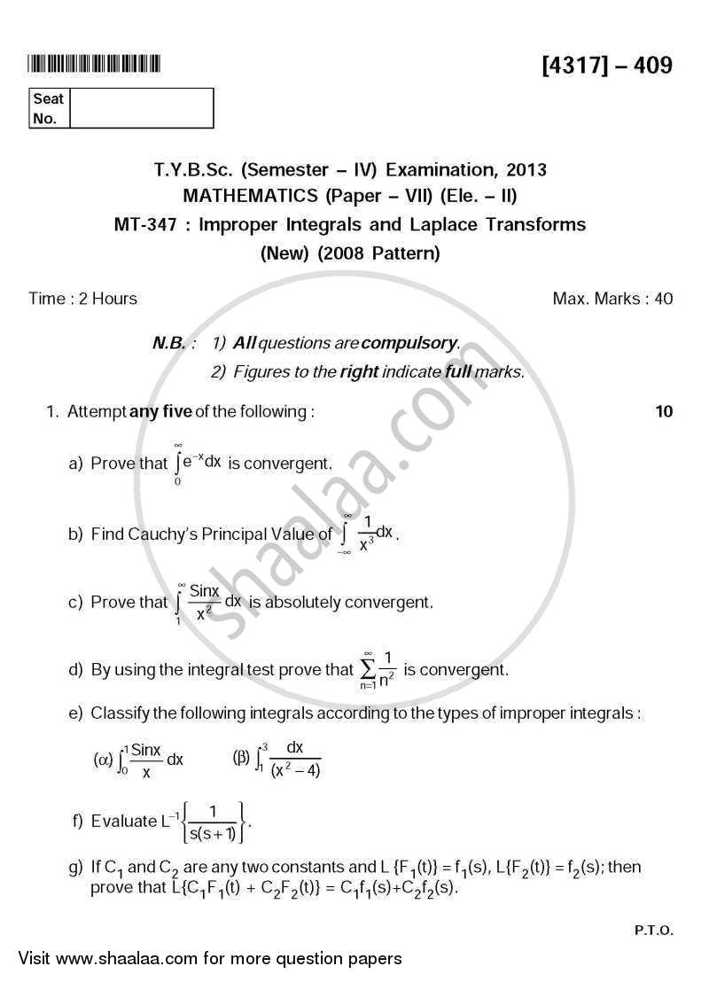 Improper Integrals and Laplace Transforms 2013-2014 B.Sc Mathematics Semester 6 (TYBSc) question ...