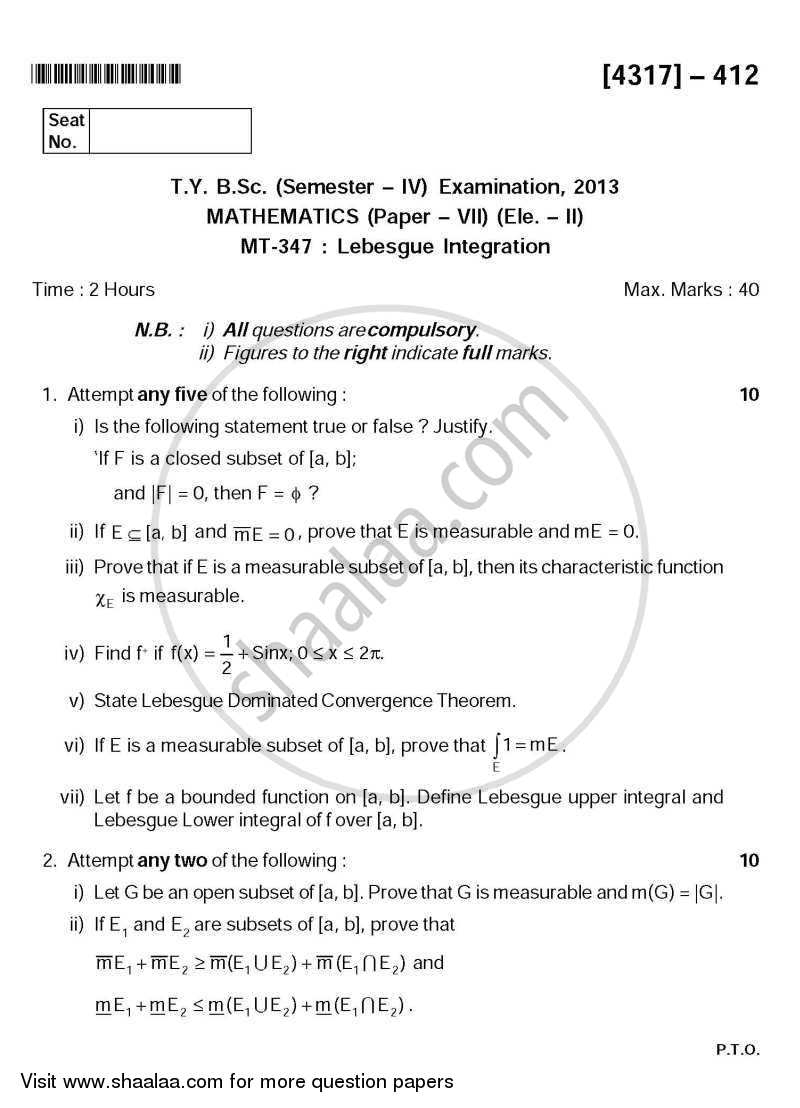 Lebesgue Integration 2013-2014 B.Sc Mathematics Semester 6 (TYBSc) question paper with PDF ...